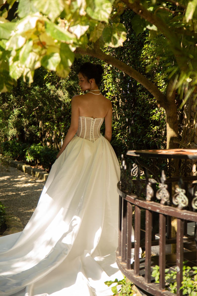 Italian Silk Wedding Dress With Sheer Corset Bodice, Basque Drop Waist ...