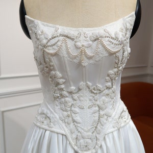 Drop Basque Waist Wedding Dress Scoop Neck Beaded Bodice Silk Corset ...