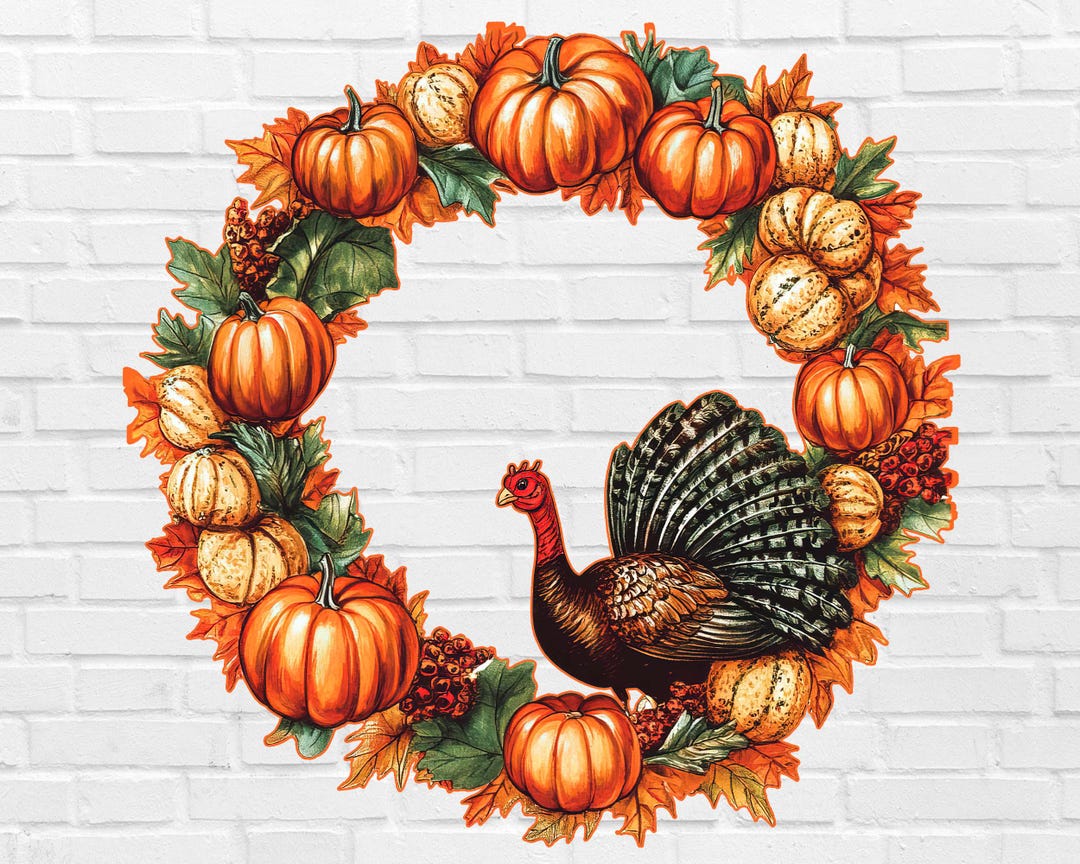 Fall Wreath PNG | Fall Turkey Wreath PNG | Retro Thanksgiving Wreath ...
