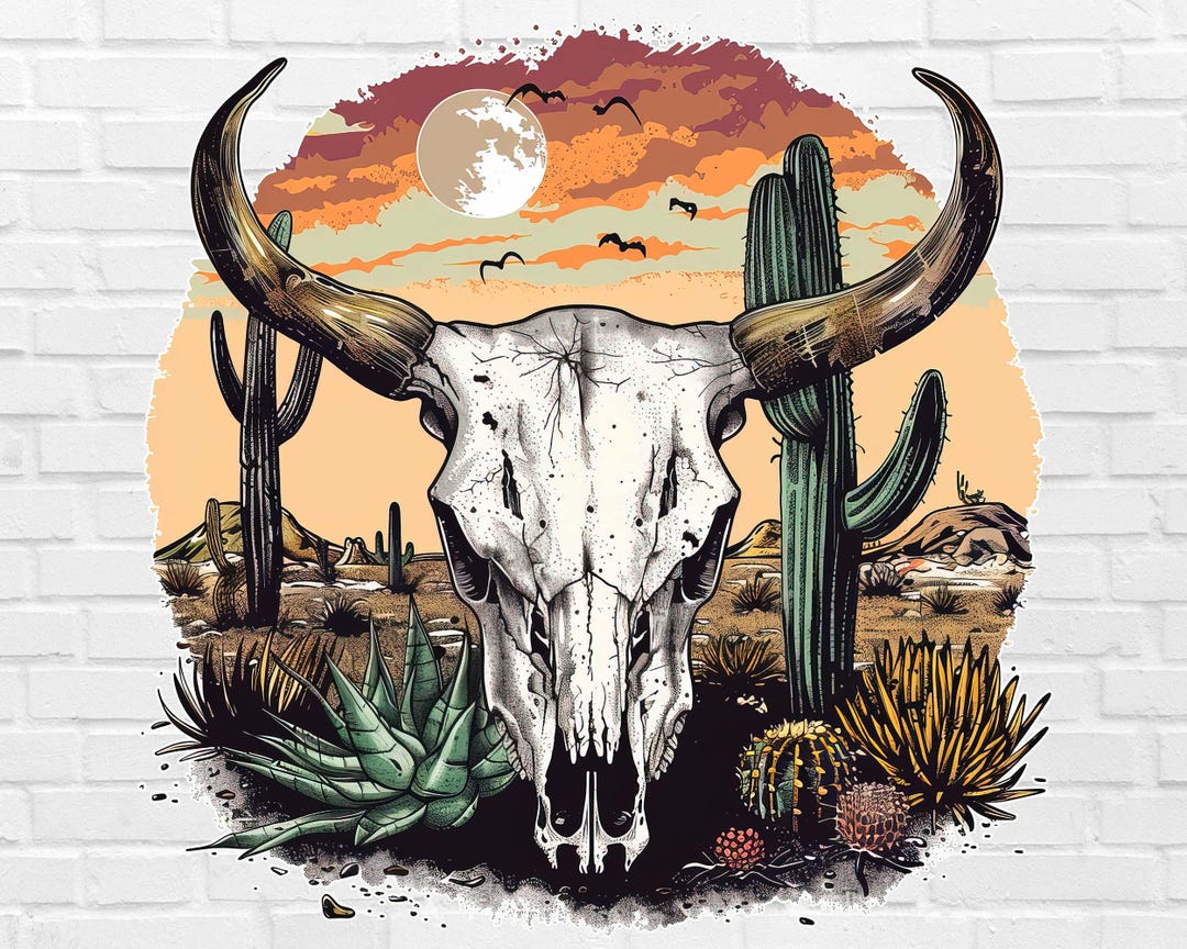 Cow Skull PNG | Cow Skull Cactus PNG | Cactus PNG | Western Png | Retro ...