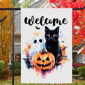 Spooky Cat Ghost & Pumpkin Halloween Garden Banner 12x18 | Cute - Fun ...