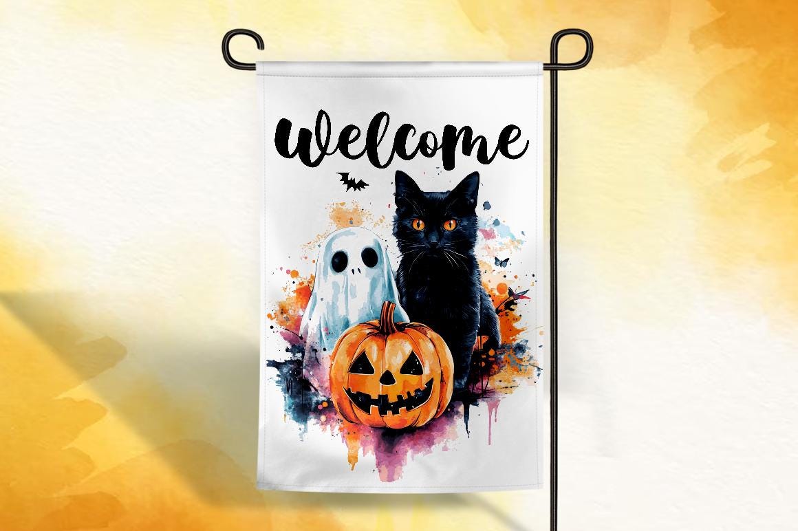 Spooky Cat Ghost & Pumpkin Halloween Garden Banner 12x18 | Cute - Fun ...