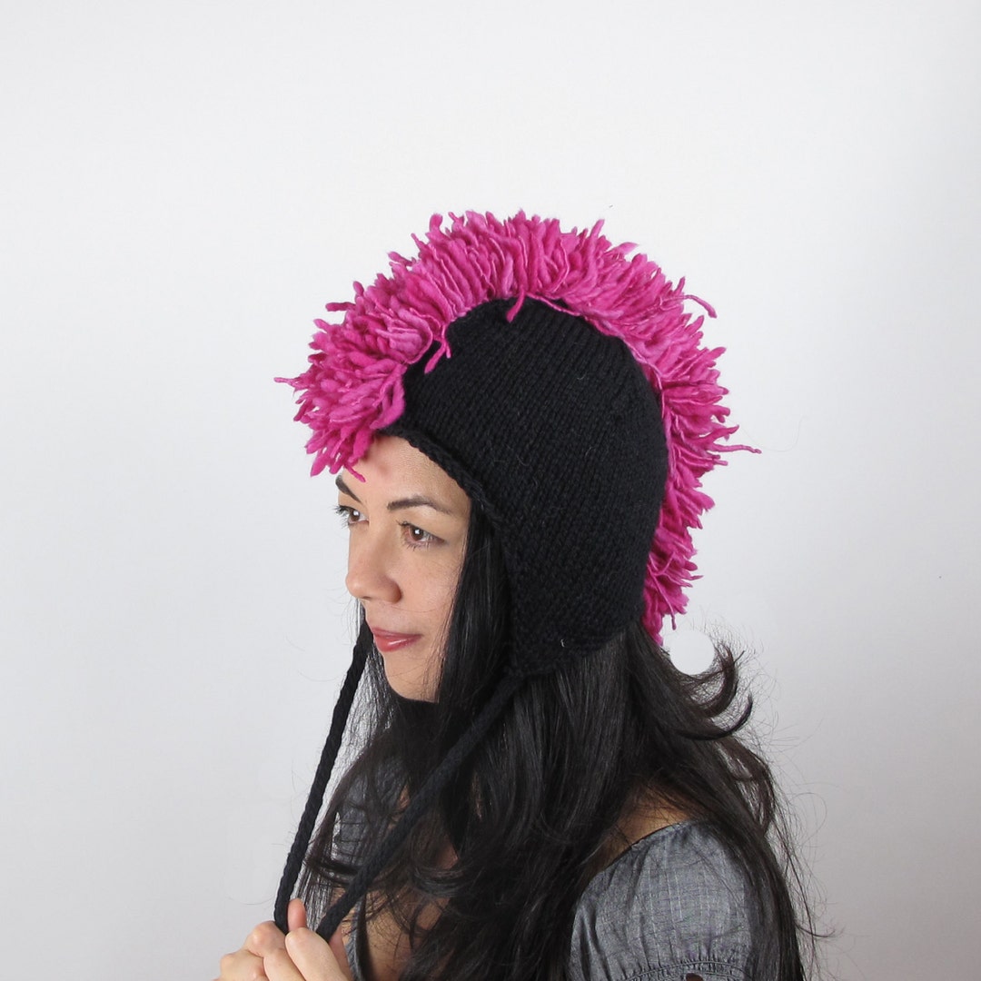 Hat Mohawk Hat Hot Pink Wool Ear Flap Hat Hand Knit - Etsy