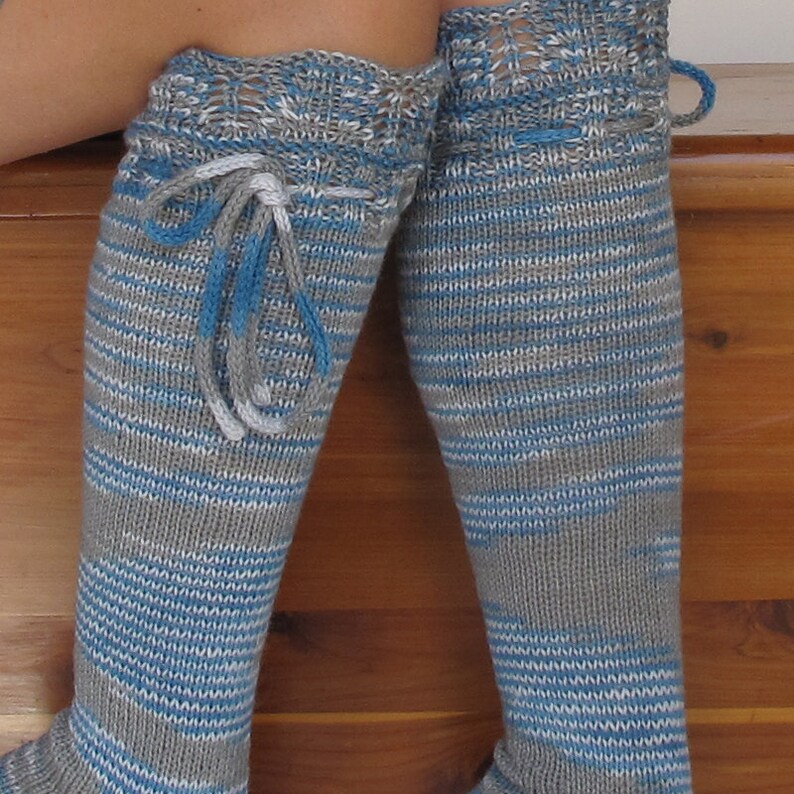 Knee High Socks Winter Ice Blue Lace Merino Wool With Ties - Etsy