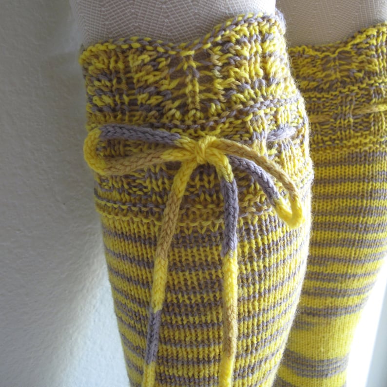 Knee High Socks Yellow and Grey Lace Merino Wool With Ties - Etsy