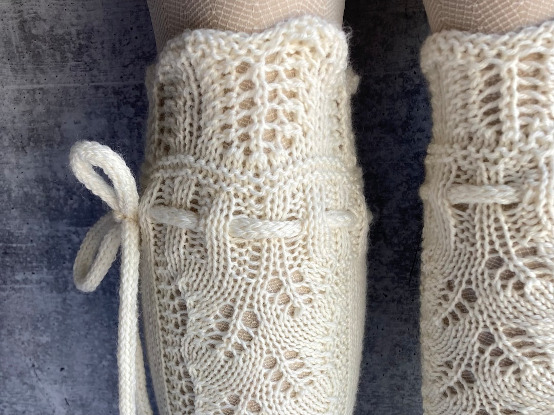 Knee High Socks Lace Panel Cream White Wedding Merino Wool With Ties ...