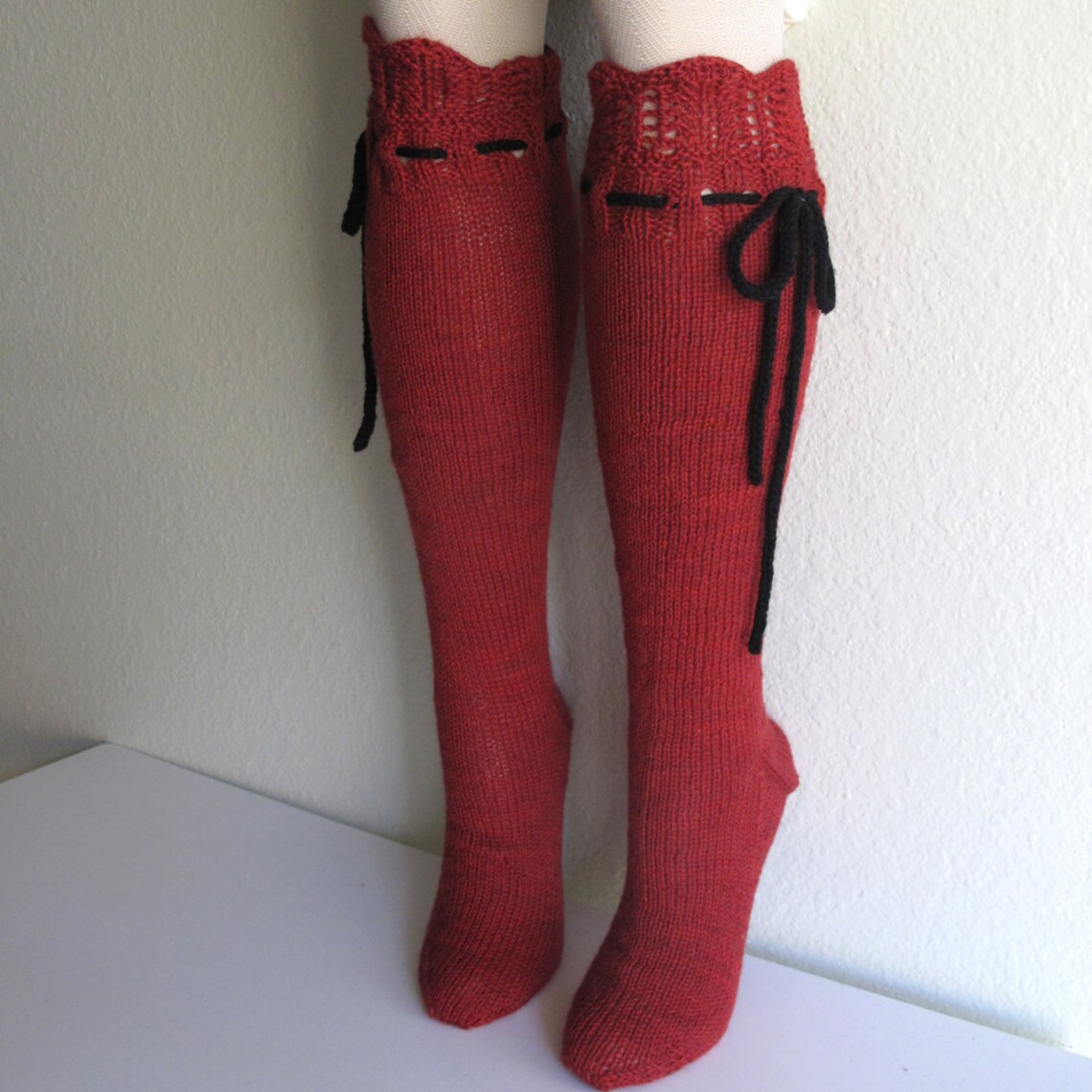 Knee High Socks Classic Red Lace With Black Ties Hand Knit - Etsy