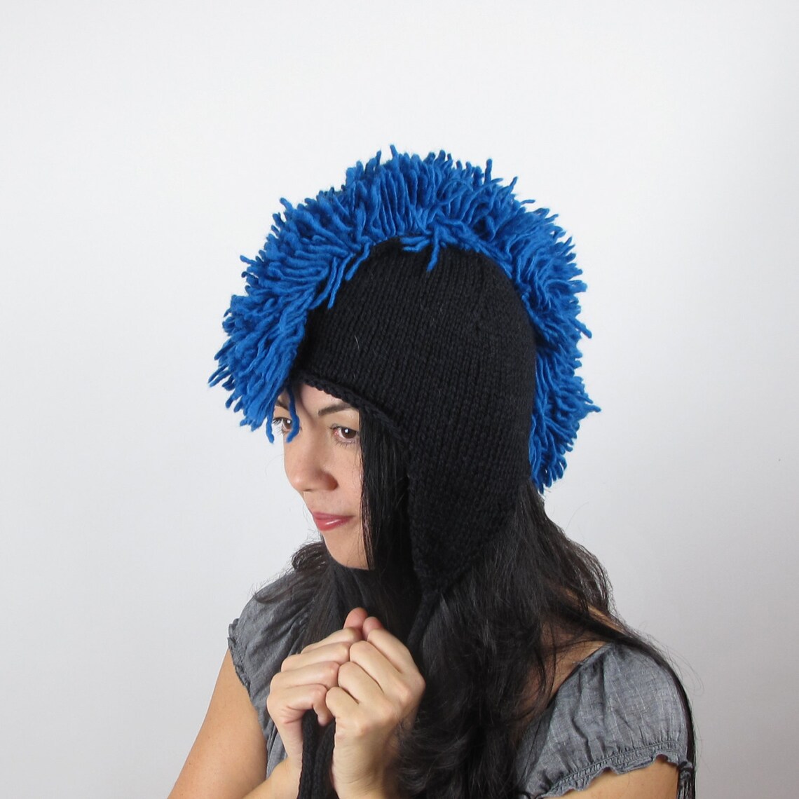 Hat Mohawk Hat Cobalt Blue Ear Flap Hat Wool Hand Knit - Etsy