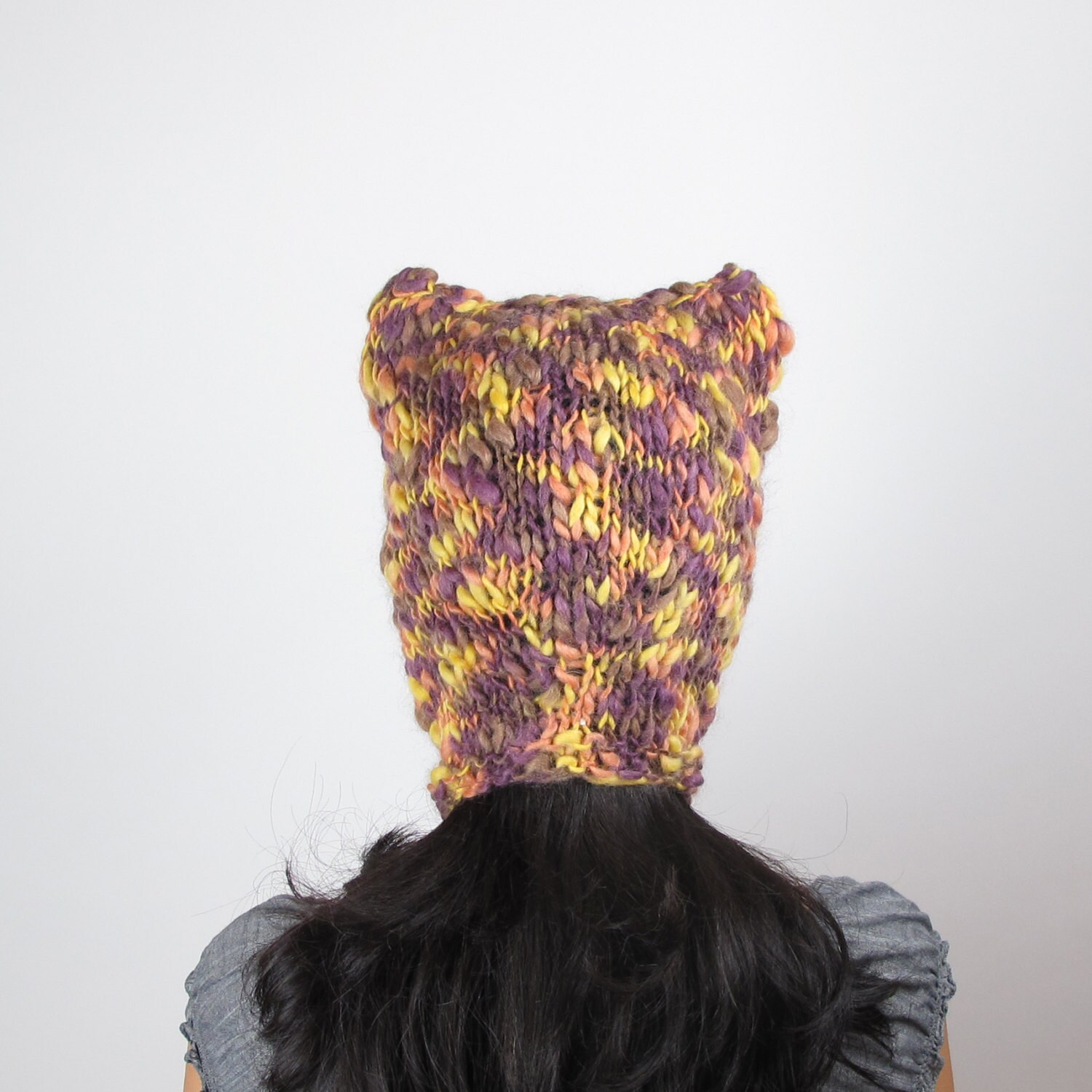 Kitty Hat Cat Hat Purple and Lemon Yellow Wool Hand Knit - Etsy