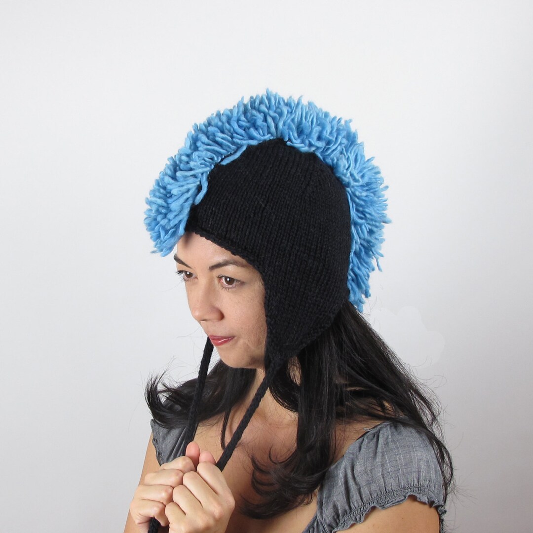 Blue Mohawk Hat Baby Blue Ear Flap Hat Wool Hand Knit - Etsy