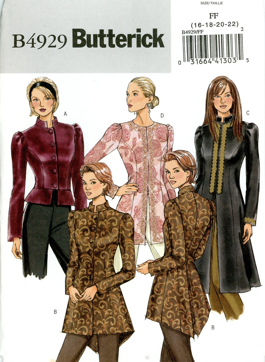 Butterick B4929 4929 Easy Jacket Tunic Top Peplum Shaped Hemline Size ...