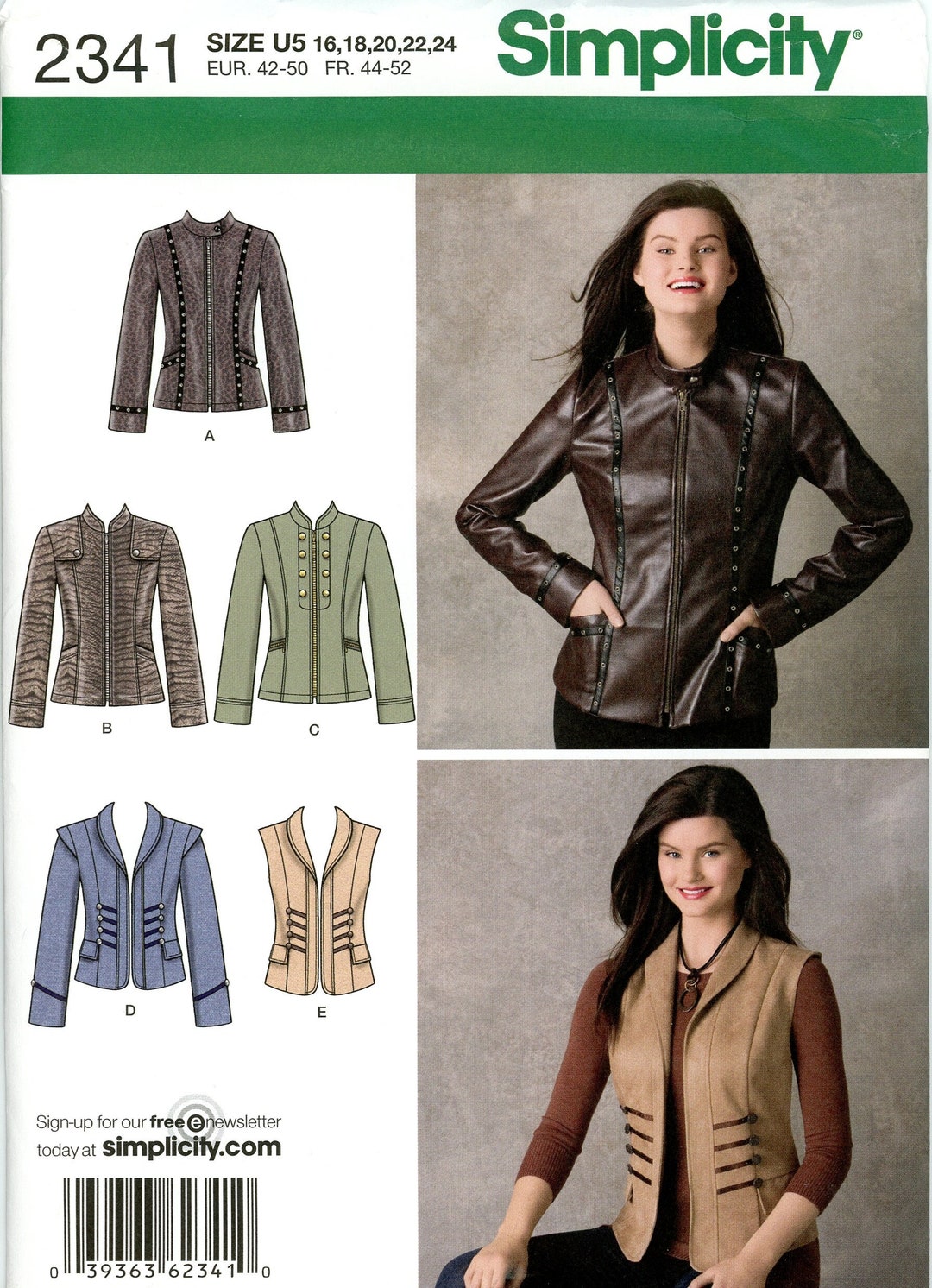 Simplicity 2341 Jacket Vest Princess Seams Collar Variations Size 16 18 ...