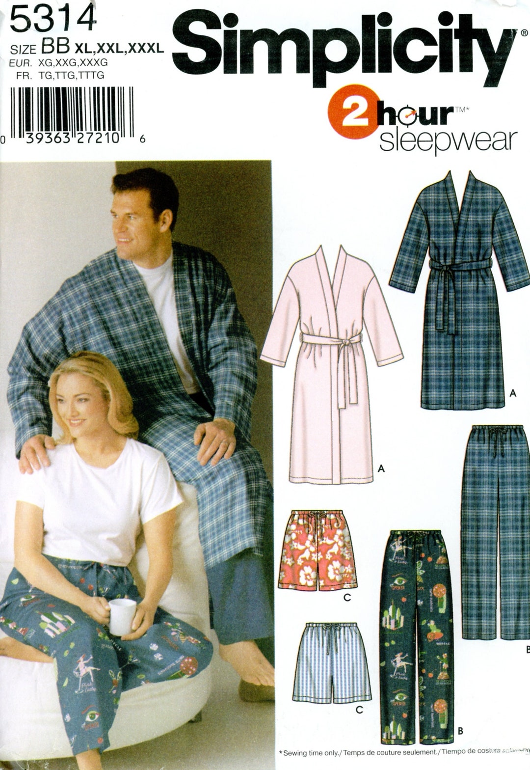 Simplicity 5314 Mens Womens Pajama Pants Shorts Wrap Front Robe 2 Hour ...