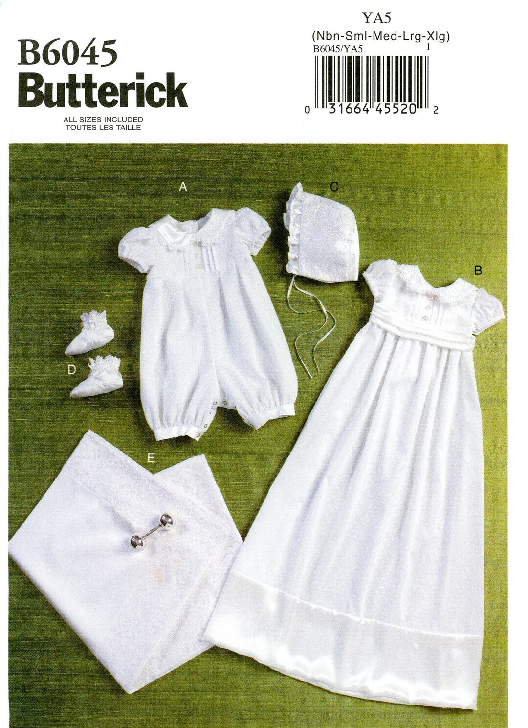 Butterick B6045 6045 Infant Christening Baptism Romper Dress Sash Hat ...