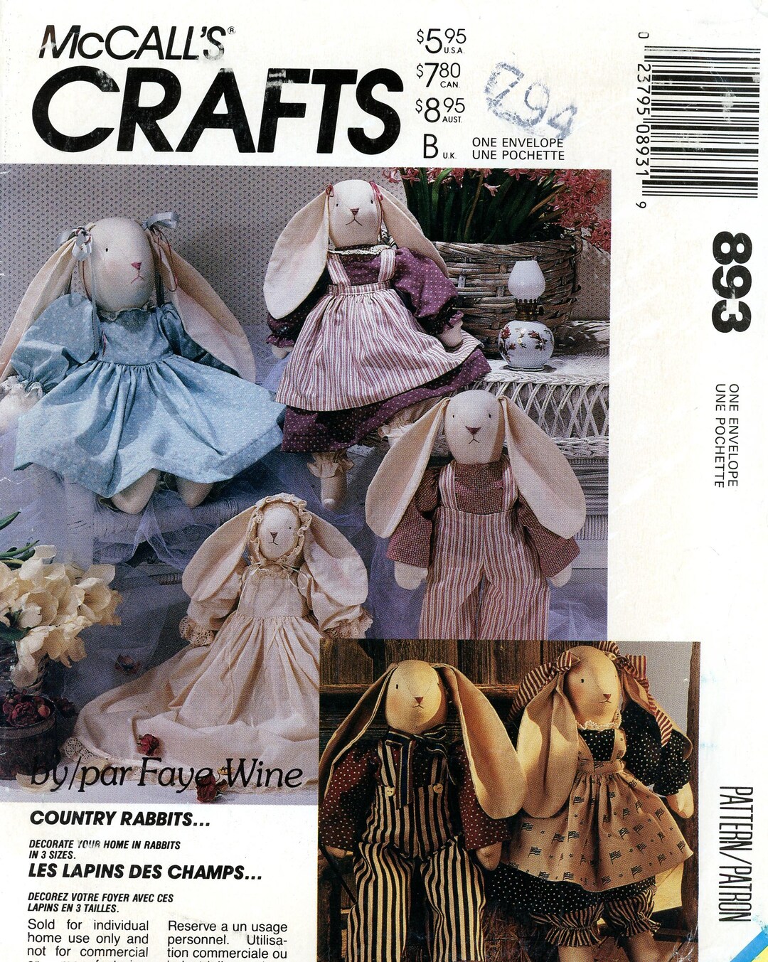 Mccall's 893 Crafts Country Rabbit Bunny Fabric Dolls Animals With ...
