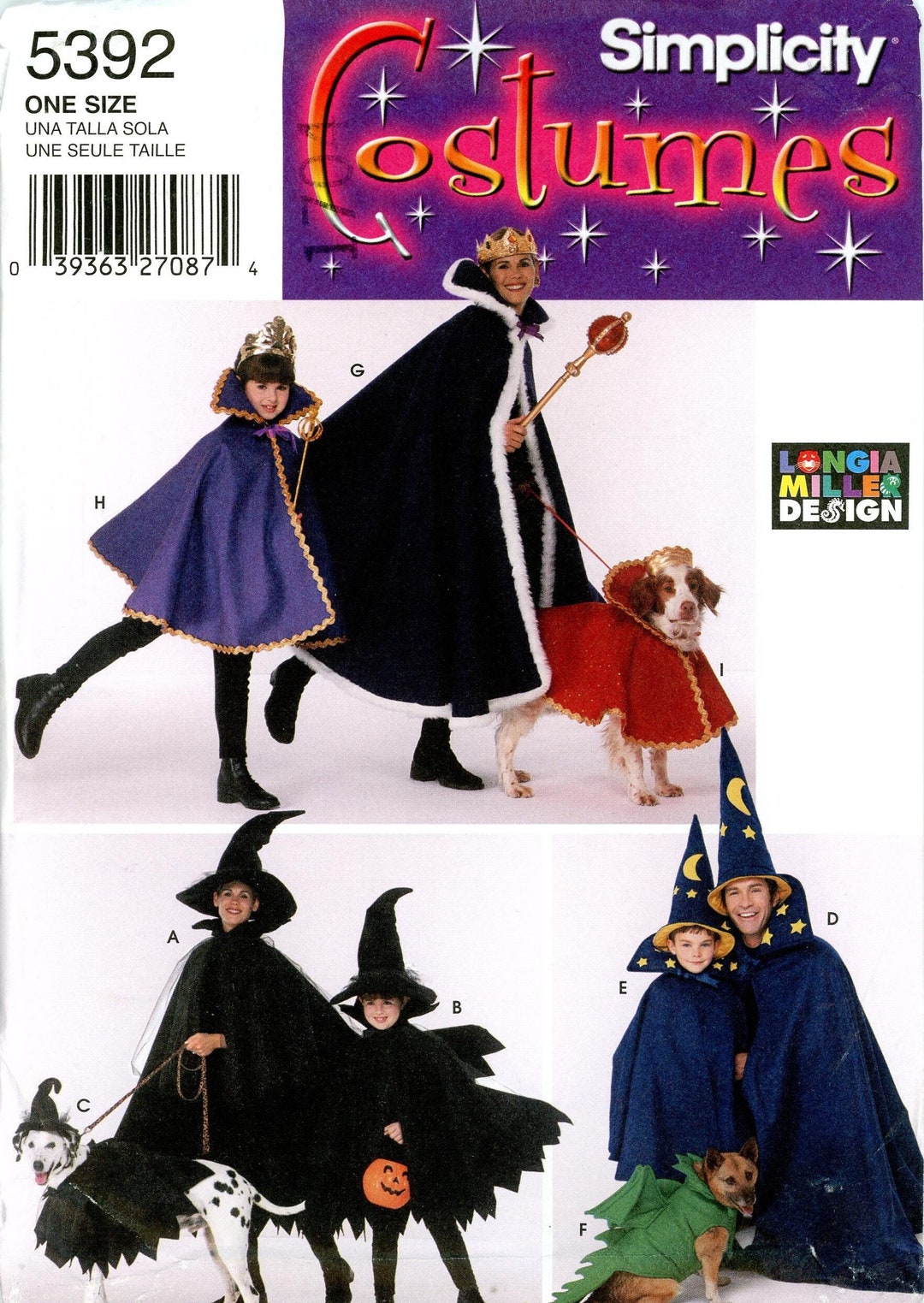 Simplicity 5392 Costumes for Family and Dog Capes and Hats Witch Sorcerer Queen King One Size ...