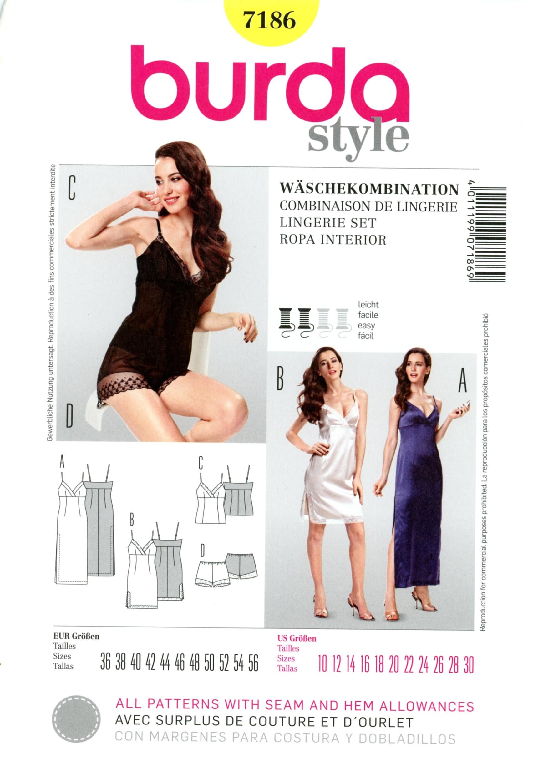 Burda Style 7186 Lingerie Set Slip Chemise Camisole Top Tap Pants ...