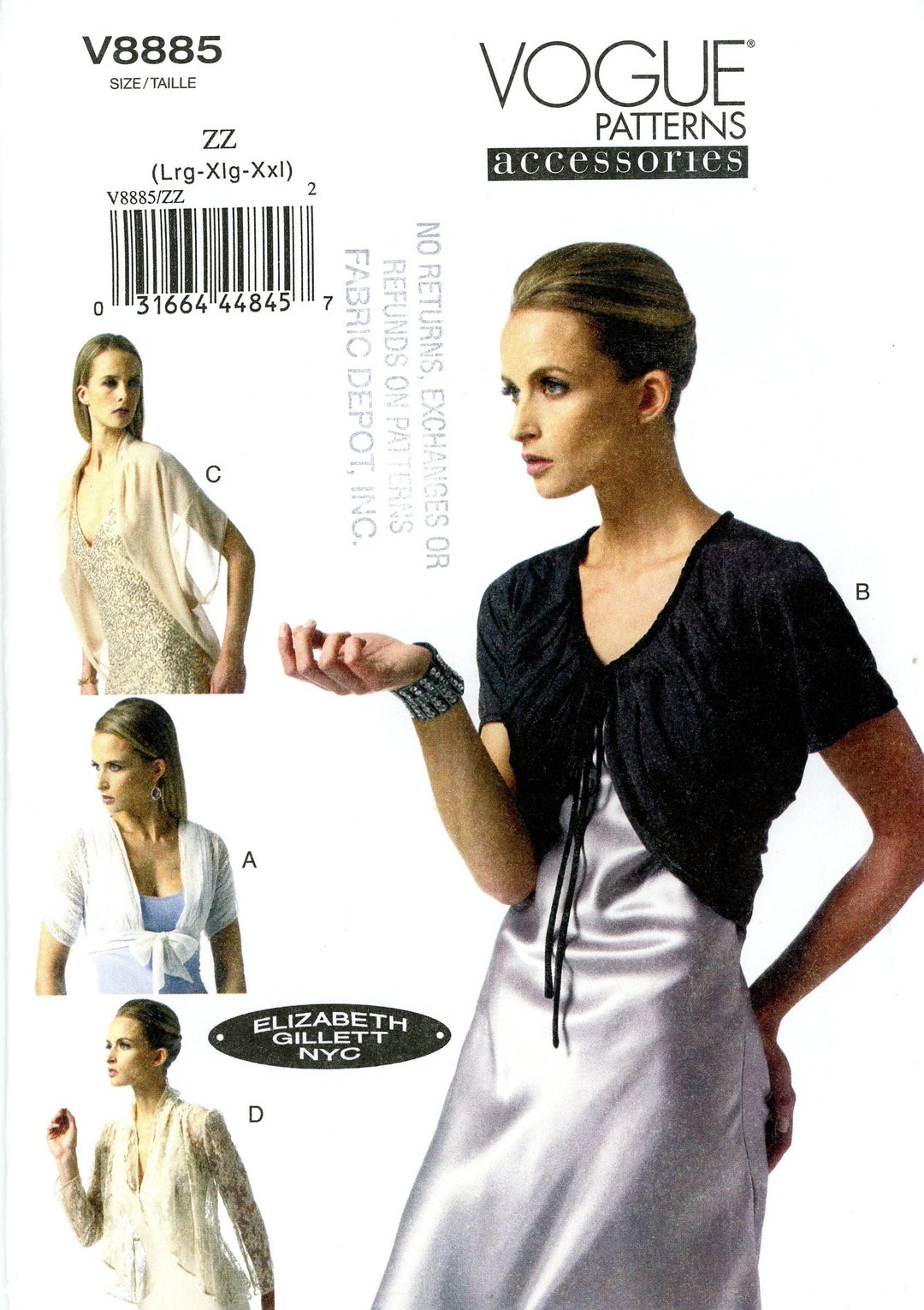 Vogue V8885 Accessories Shrug Bolero Jacket Wrap Topper Elizabeth Gillett Size Lrg Xlg Xxl Uncut ...