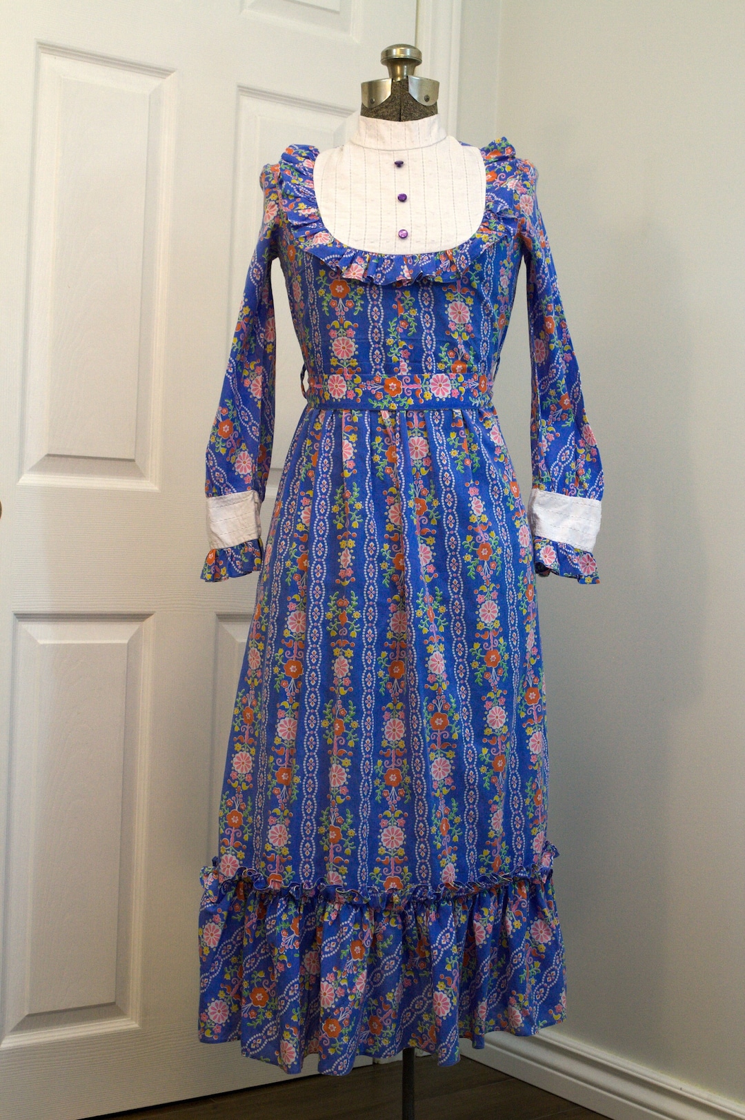 1970s Blue and White Floral Handmade Cotton Maxi Prairie Dress XS/S - Etsy