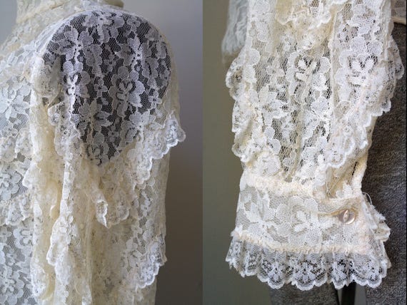 1960s Victorian style lace & ruffle button back blous… - Gem
