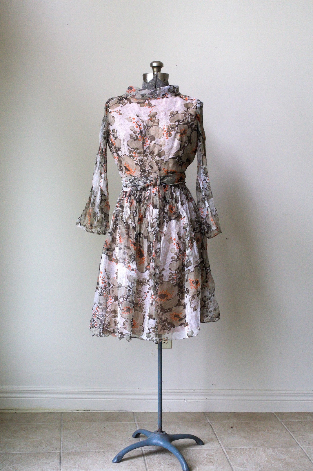 1970s Floral Chiffon Micropleated Long Sheer Bell Sleeves Party Dress ...