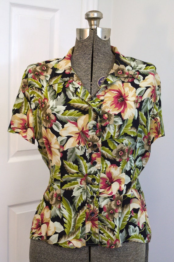1990s Barami silk crepe tropical floral short sleeve … - Gem