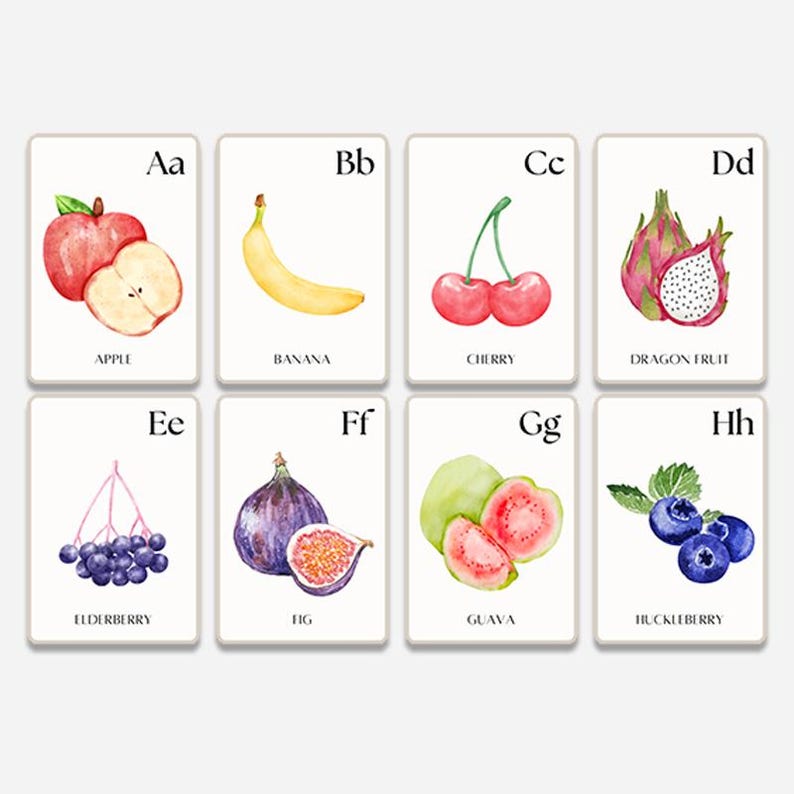 Fruits Alphabet Flashcards, Aesthetic Digital Download Flashcards ...