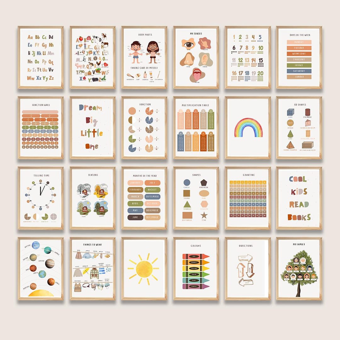 Set of 32 Educational Poster Kids Boho, Montessori Class Room Materials ...