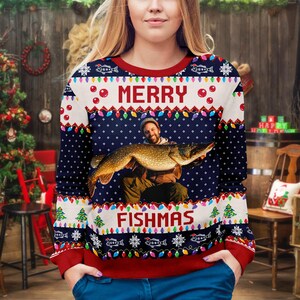 Personalized Fishing Christmas Ugly Sweater, Merry Fishmas Photo Ugly ...