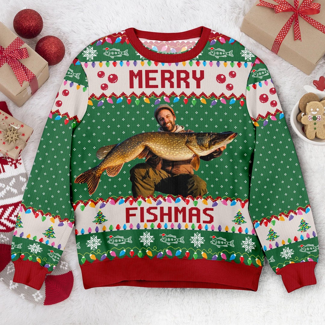 Personalized Fishing Christmas Ugly Sweater, Merry Fishmas Photo Ugly ...