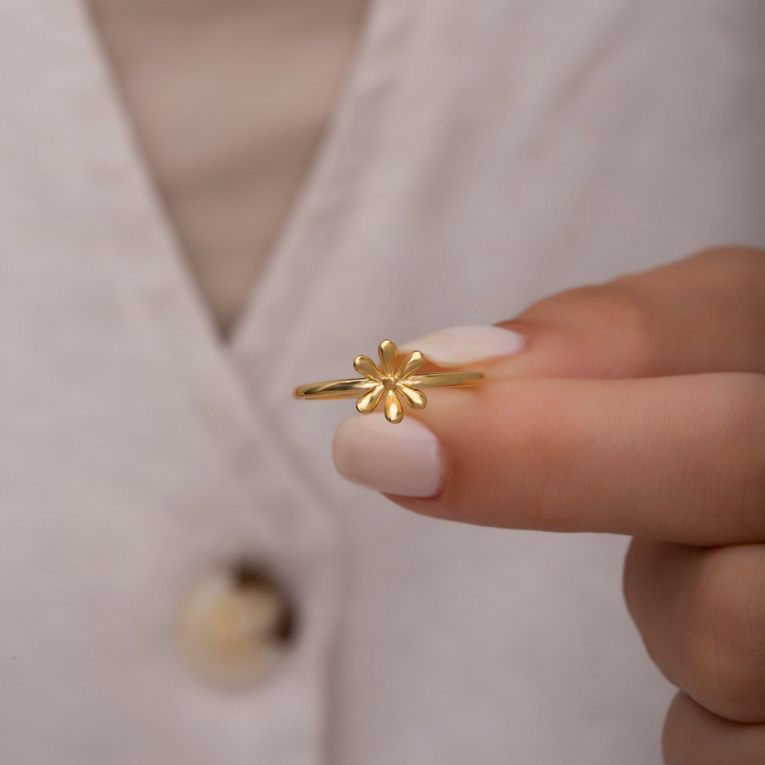Solid Gold Tiny Flower Promise Ring | Solid Gold Cute Engagement Ring ...