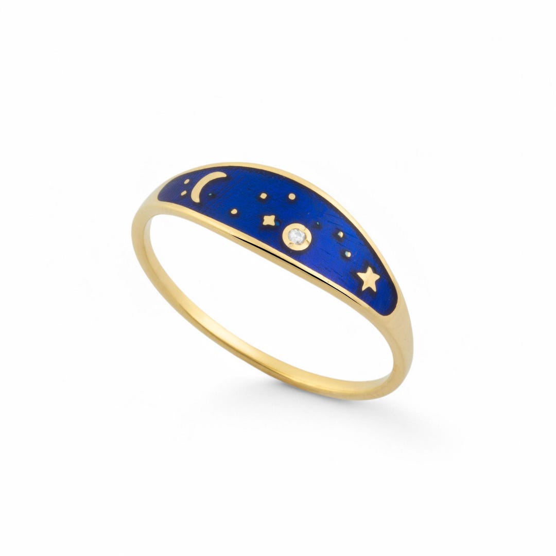 Solid Gold Sky Ring | Gold Celestial Blue Enamel Ring | Starry Night ...
