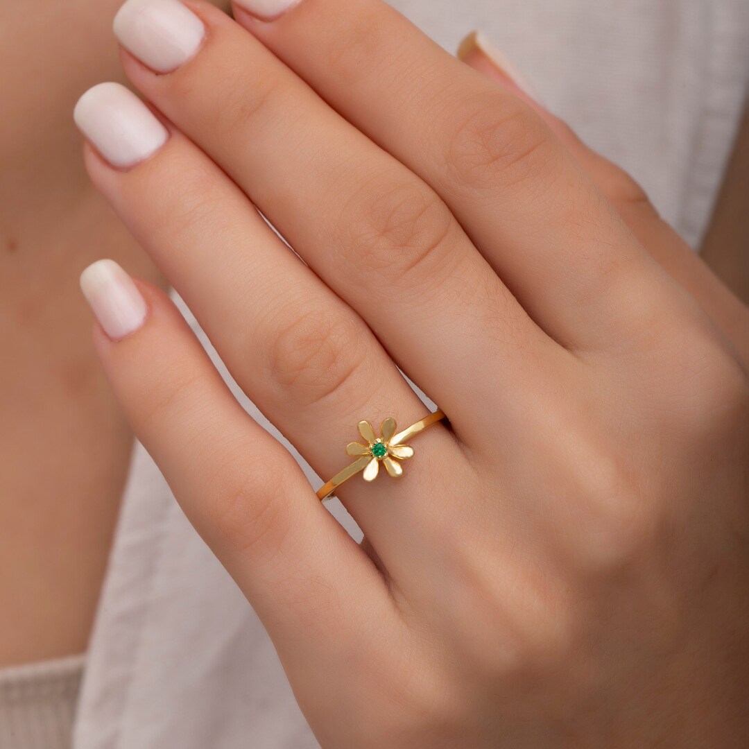 Solid Gold Tiny Flower Promise Ring | Solid Gold Cute Engagement Cz ...