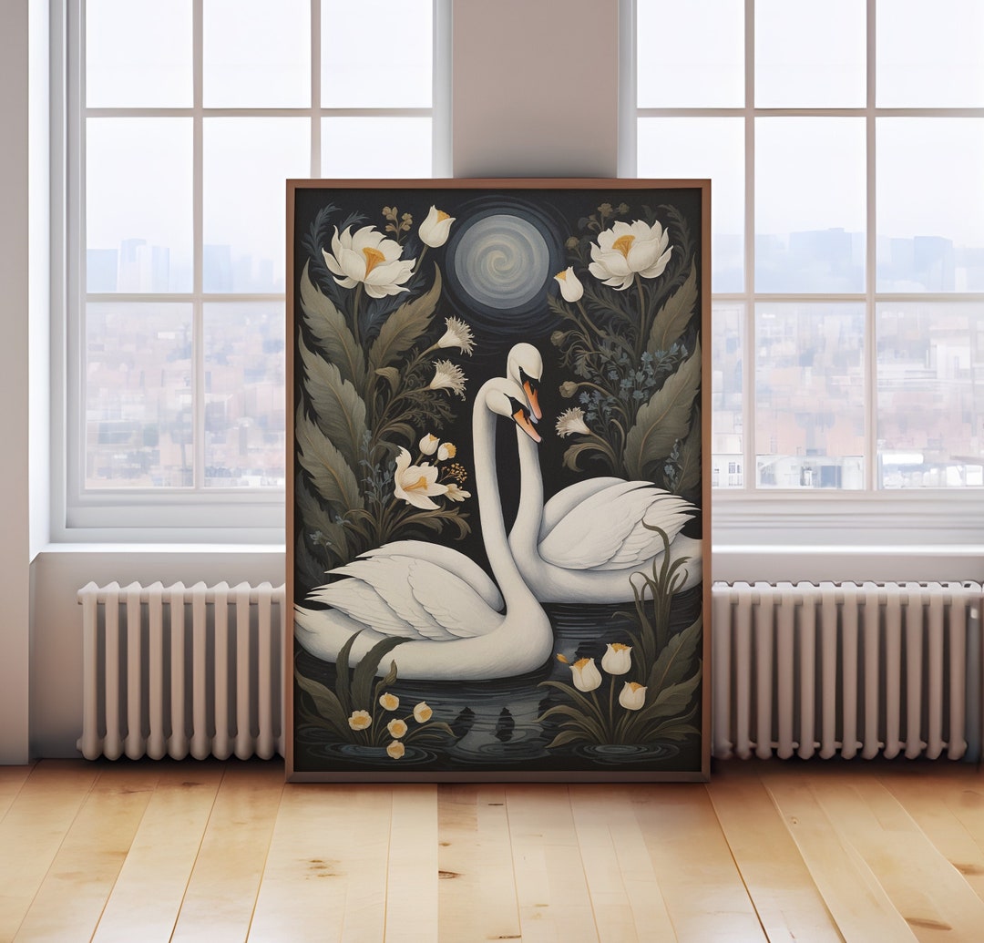 William Morris Swans Print, Swan and Flowers Print, Dark Cottagecore ...
