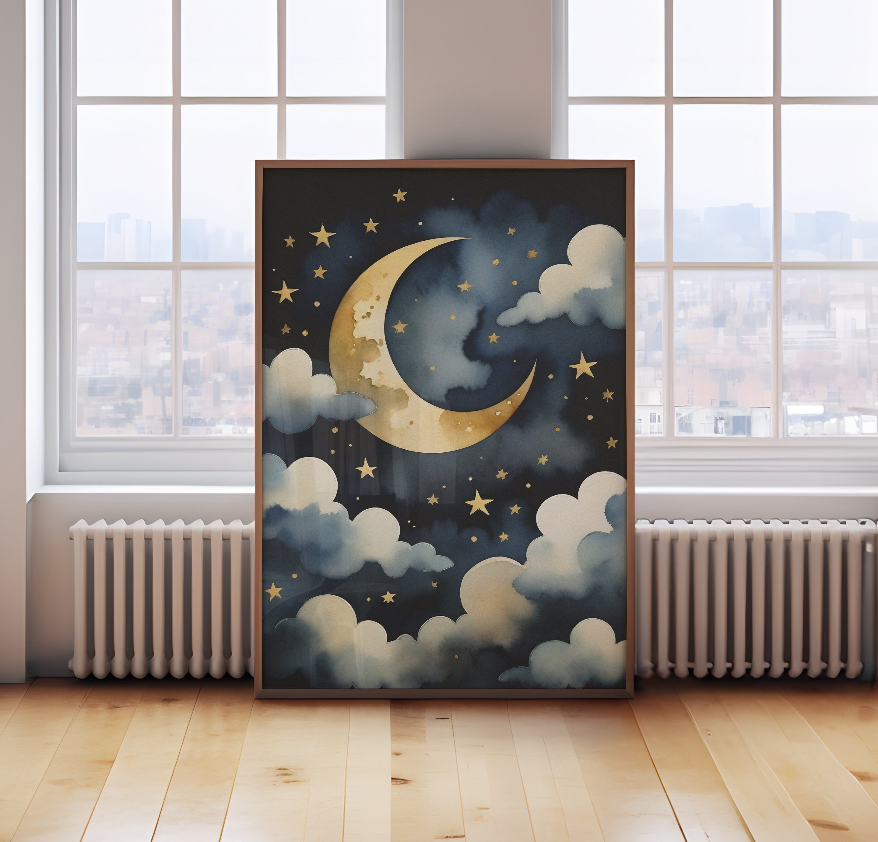 Moon and Stars Painting, Celestial Print, Night Sky Painting, Gothic Wall Art, Dark Moody Print ...