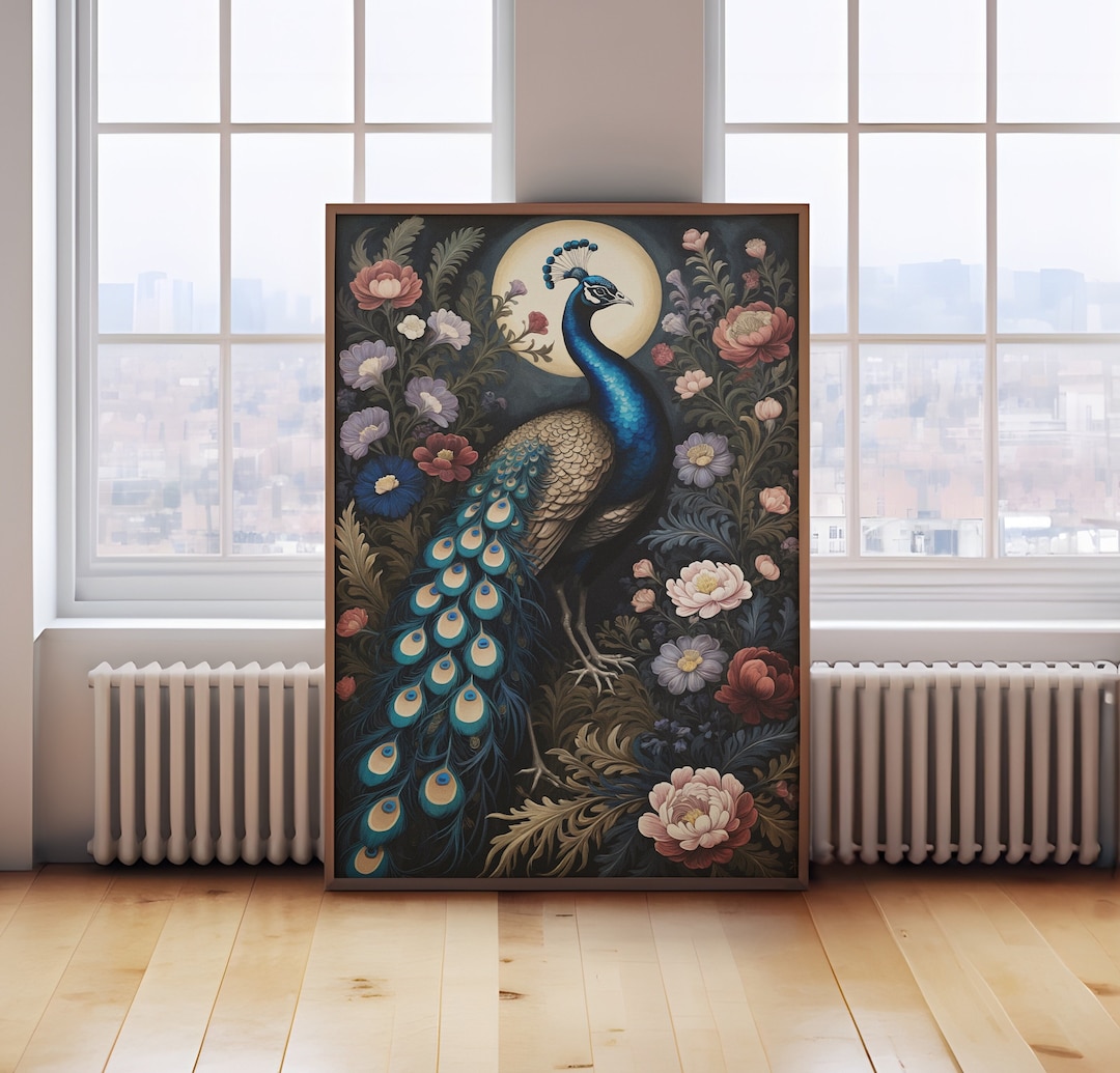 William Morris Peacock Print, Peacock and Flowers Print, Dark ...