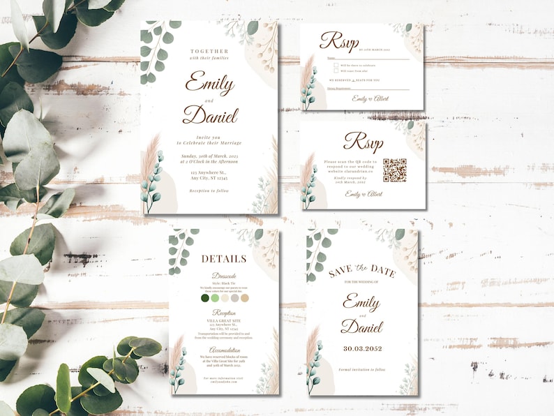 Boho Wedding Invitation Suite: Editable Canva Template (digital ...
