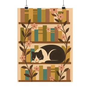 Cozy Cat Library Poster, Cute Home Decor, Book Lover Gift, Cat Art ...