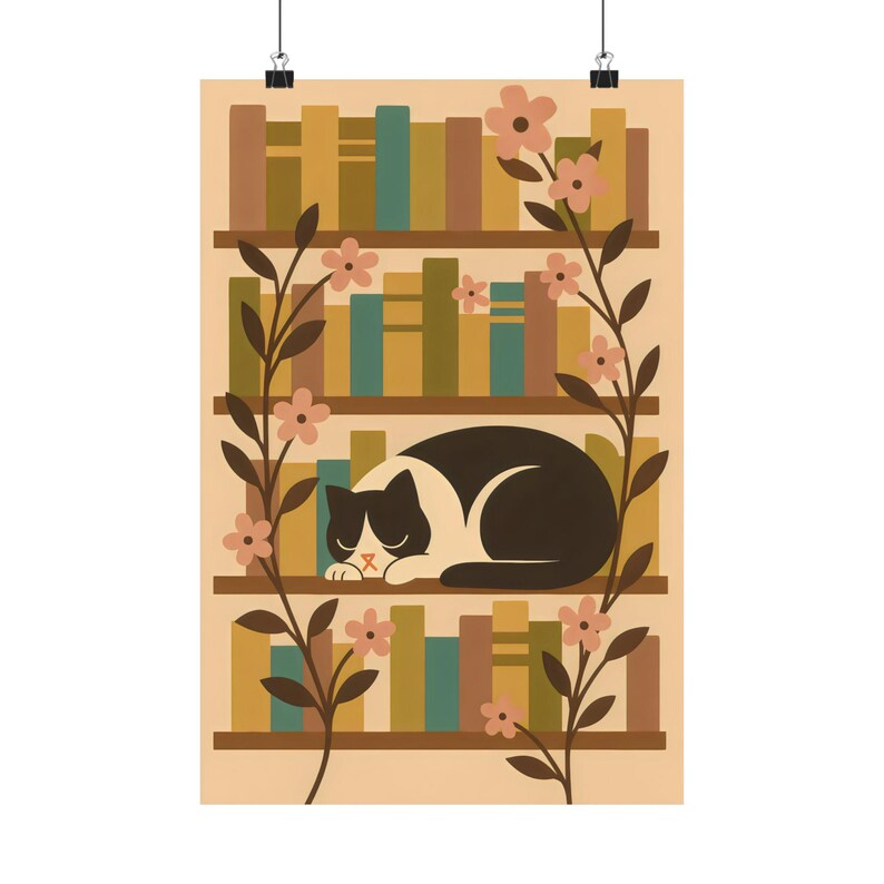 Cozy Cat Library Poster, Cute Home Decor, Book Lover Gift, Cat Art ...