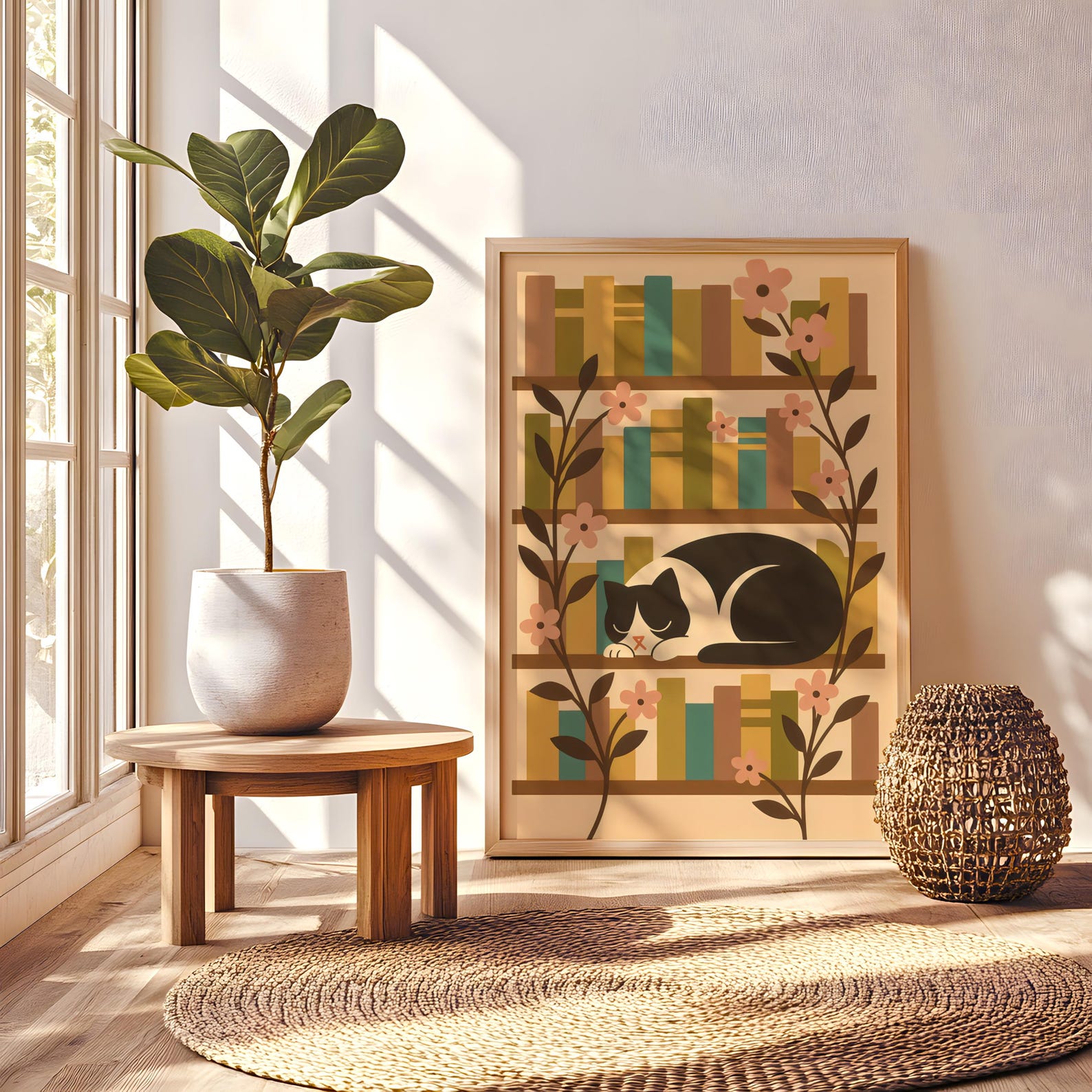 Cozy Cat Library Poster, Cute Home Decor, Book Lover Gift, Cat Art ...