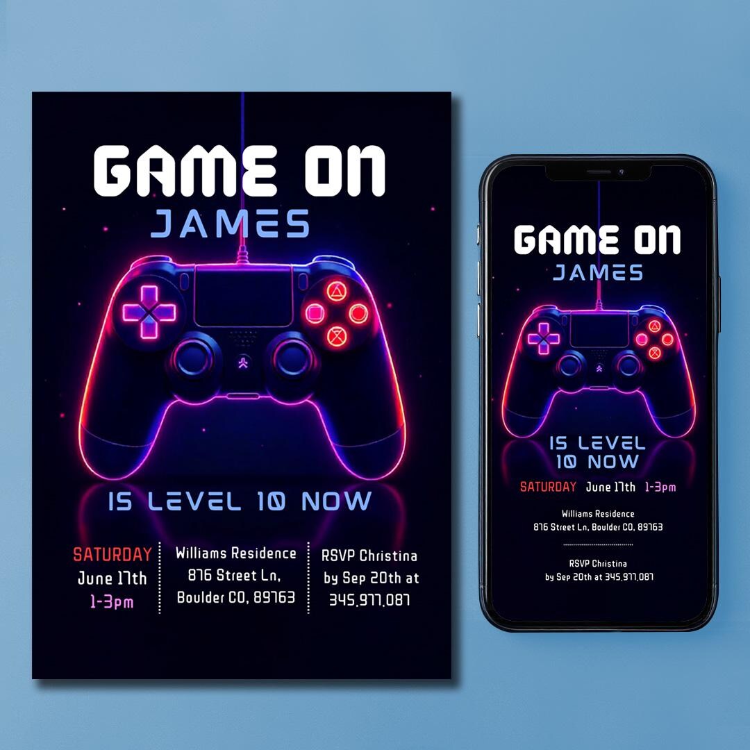 Video Game Party Invitation Template Birthday Invite for Gamers Neon ...