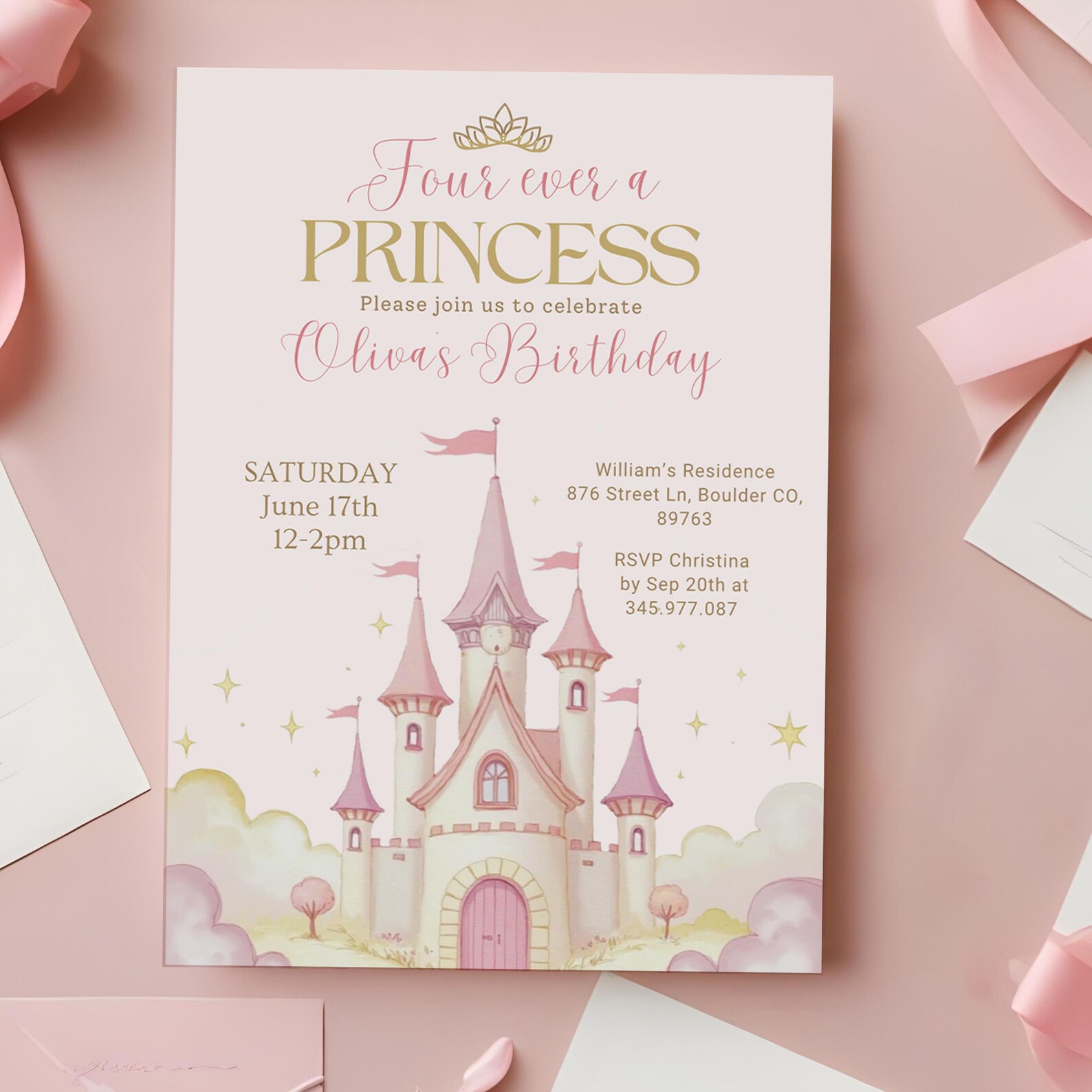 4th Princess Birthday Invitation Editable Four Ever a Princess Pink ...