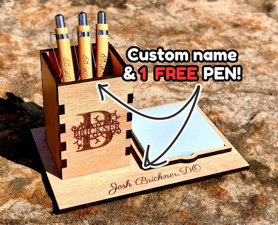 Custom Pen & Sticky Note Holder: Engraved Wood Desk Organizer - Etsy