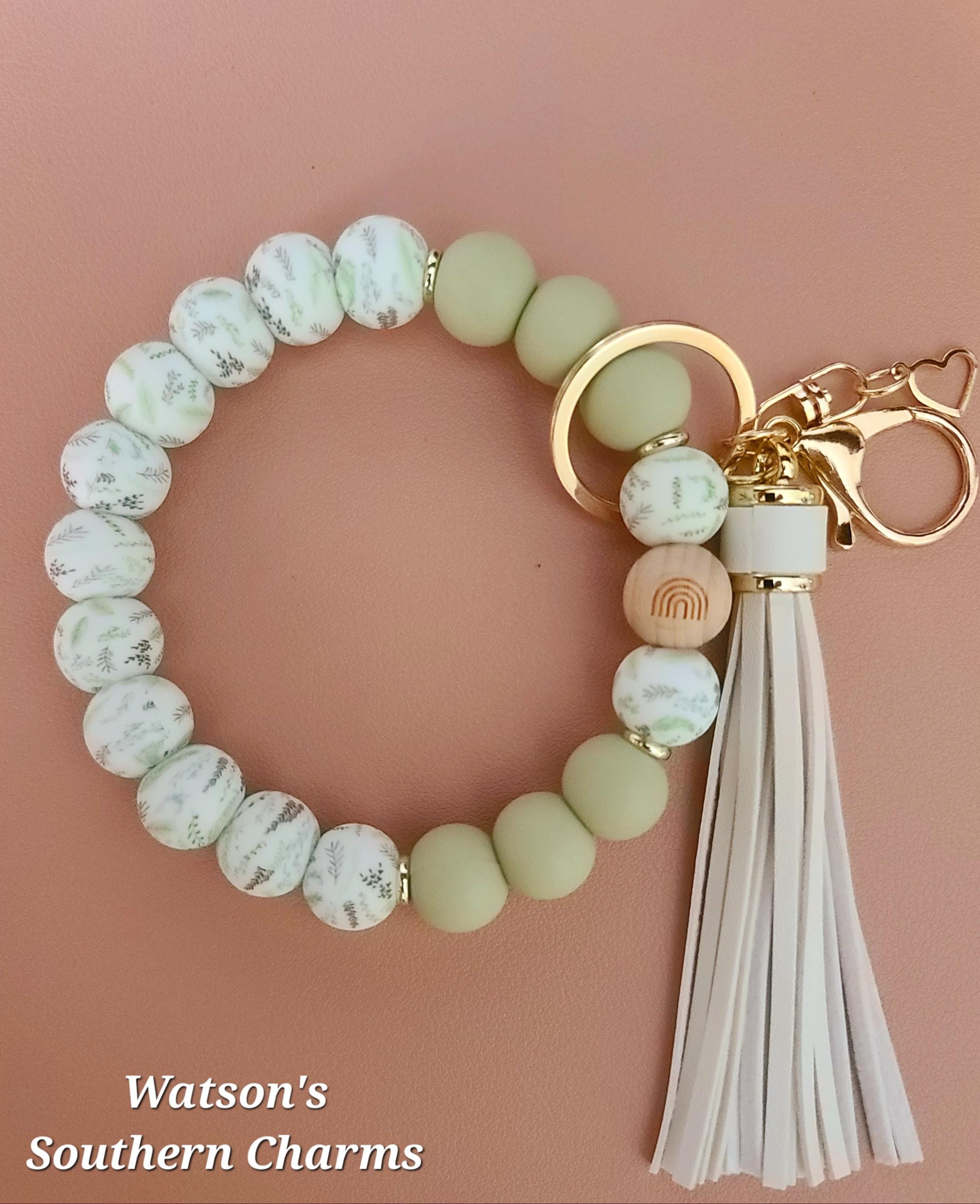Green Leaves Print Silicone Bead Wristlet Keychain With Tassel | Non ...