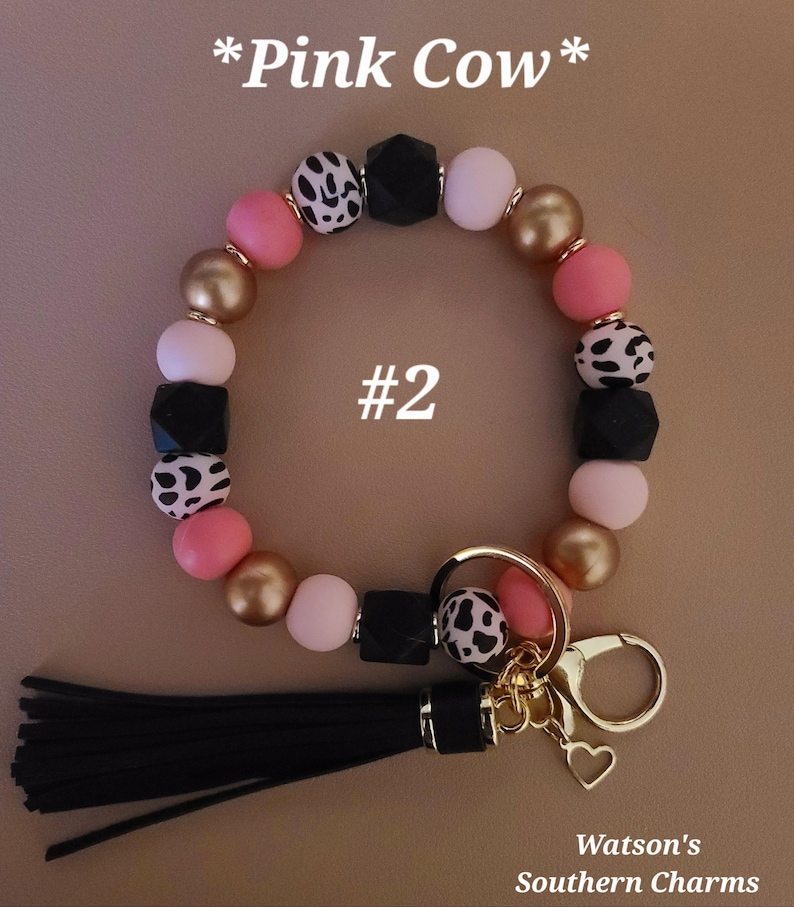 Pink Cow Sweetness Silicone Bead Wristlet Keychain With Tassel | Non ...