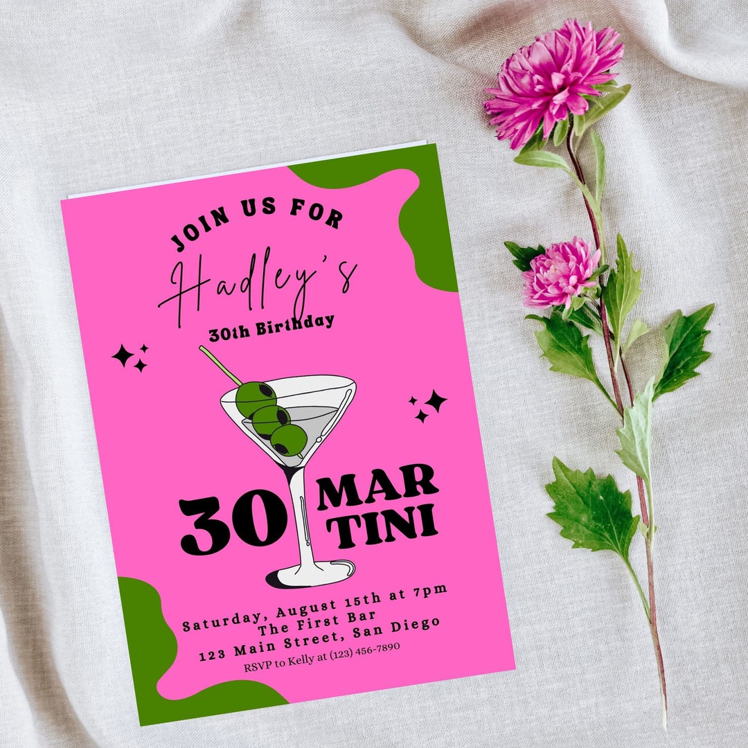 30 Martini Birthday Party Invitation Template, Pink Dirty Martini ...