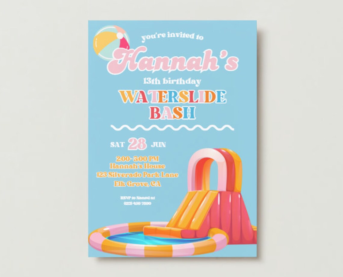 Waterslide Bash Invitation Template, Pool Party Themed Birthday Invite ...