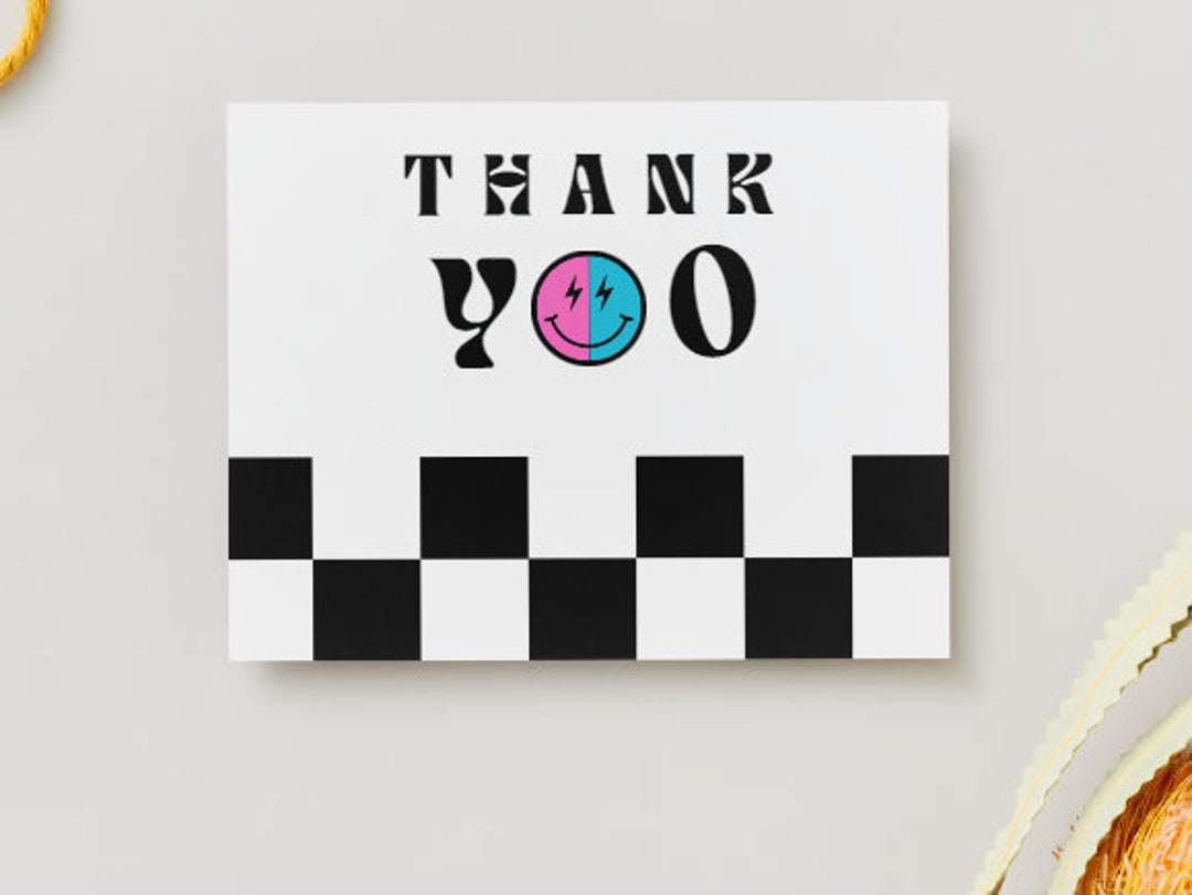 Retro Groovy Smiley Face Thank You Card Template, Checkered, Lightning ...