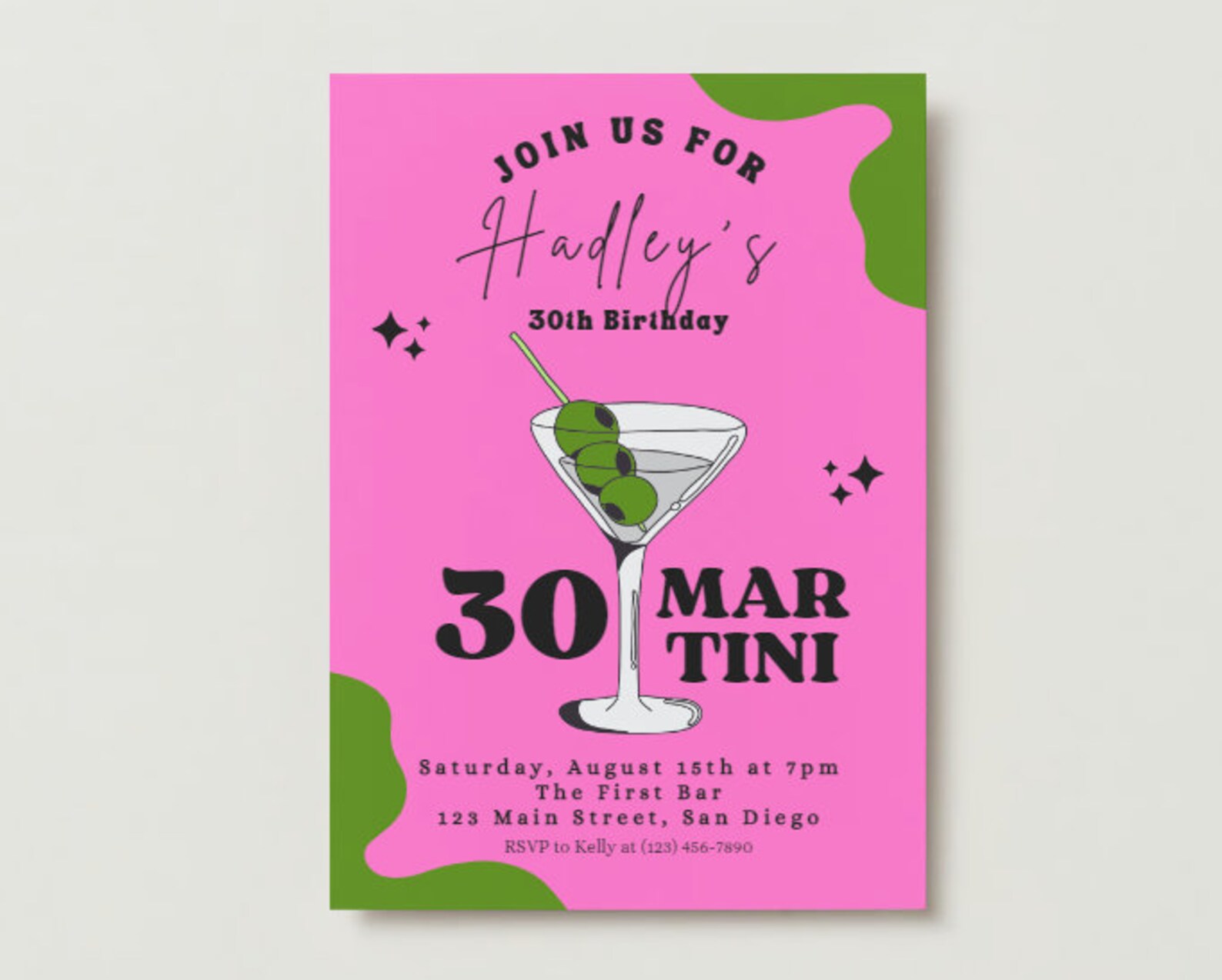 30 Martini Birthday Party Invitation Template, Pink Dirty Martini ...