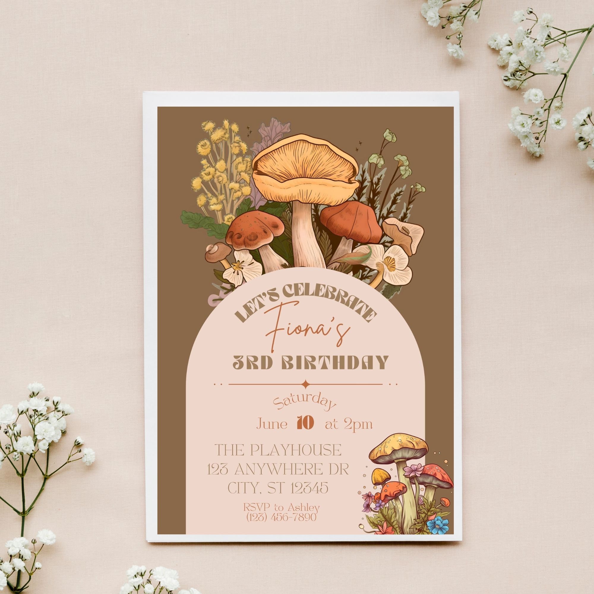 Mushroom Birthday Party Invitation Template, Earthy Gender Neutral ...
